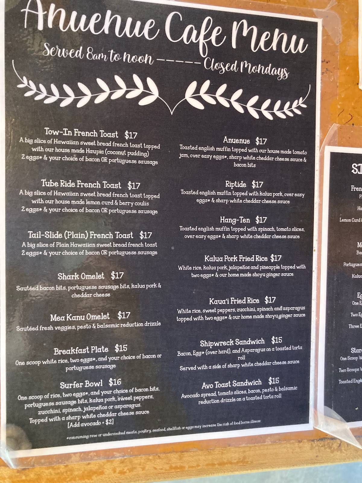 Menu at Anuenue Cafe, Koloa