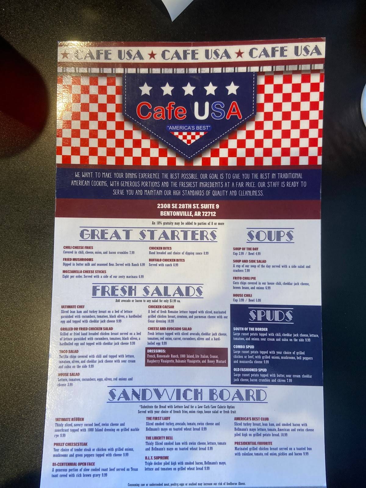 Menu at Cafe USA, Bentonville, SE 28th St #9