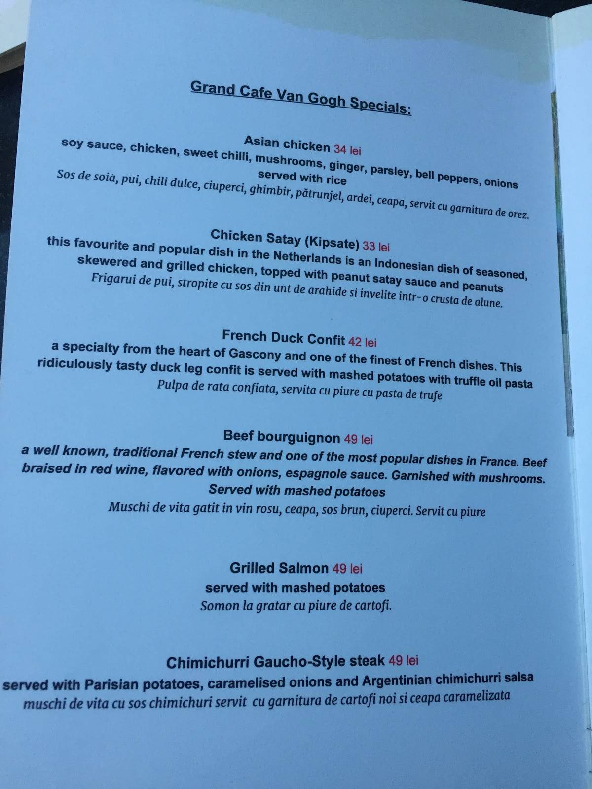 Menu at Grand Café Van Gogh, Bucharest