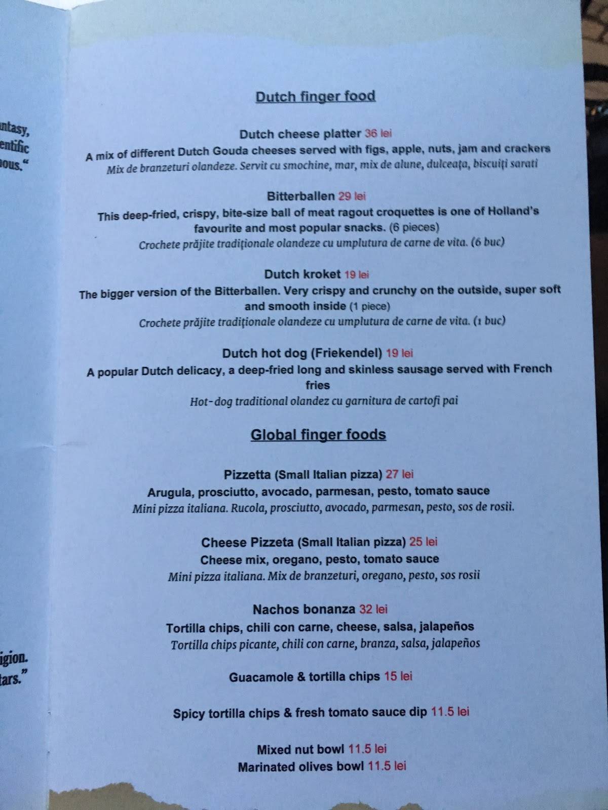 Menu at Grand Café Van Gogh, Bucharest