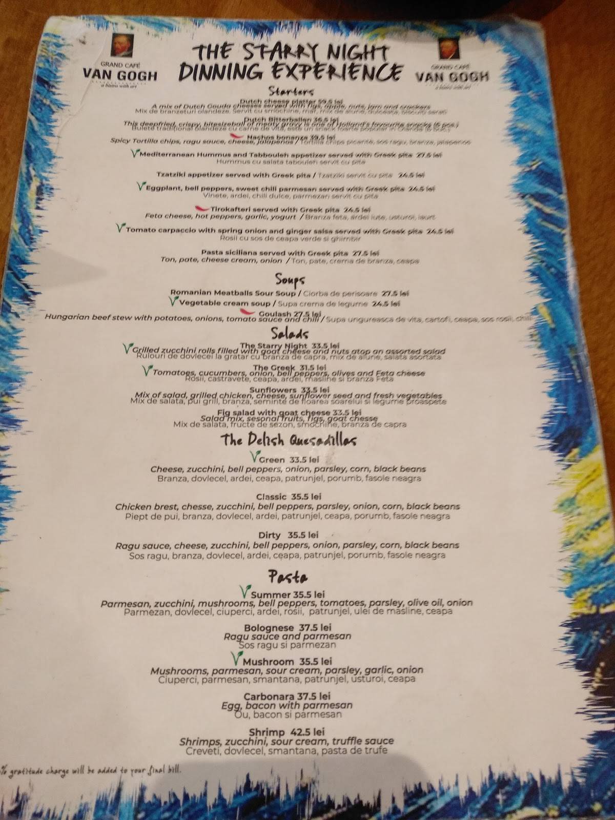 Menu at Grand Café Van Gogh, Bucharest