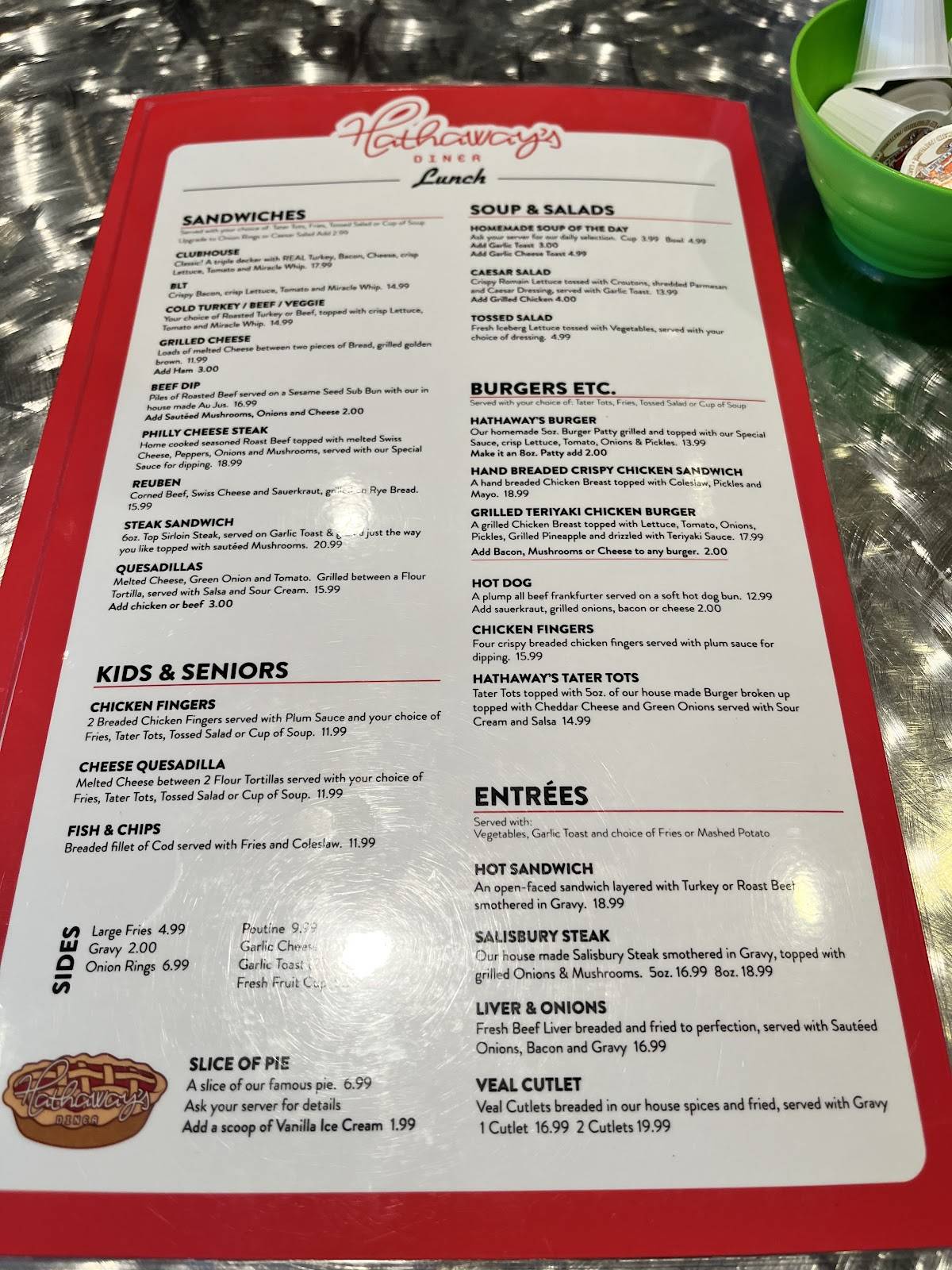 Menu at Hathaway's Diner cafe, Edmonton