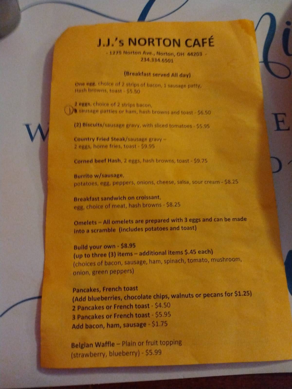 Menu at JJ's Norton Cafe, Norton