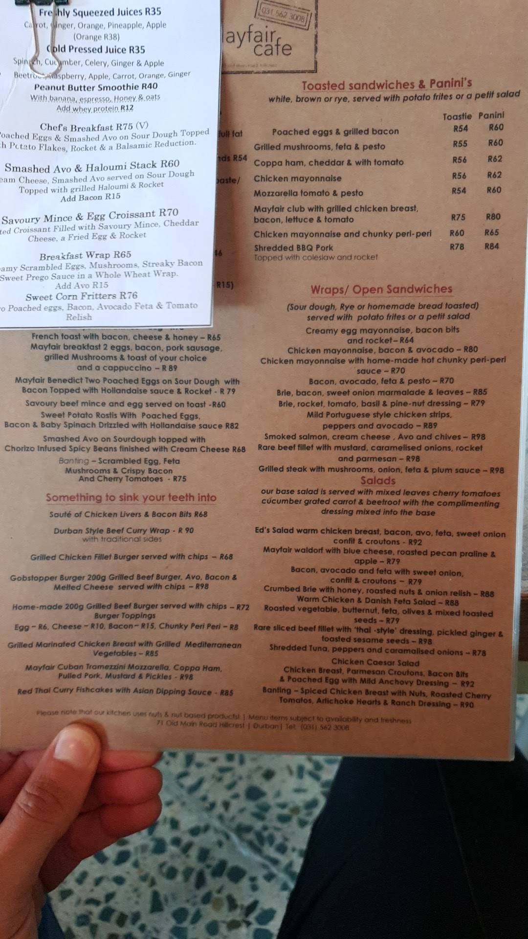 Menu at Cafe Mayfair Hillcrest, Outer West Durban