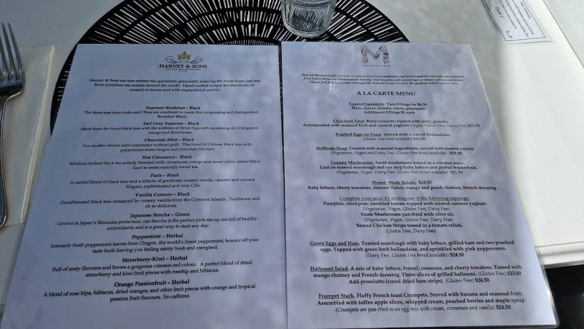 Menu at Melrose House Cafe, Nelson, 26 Brougham St