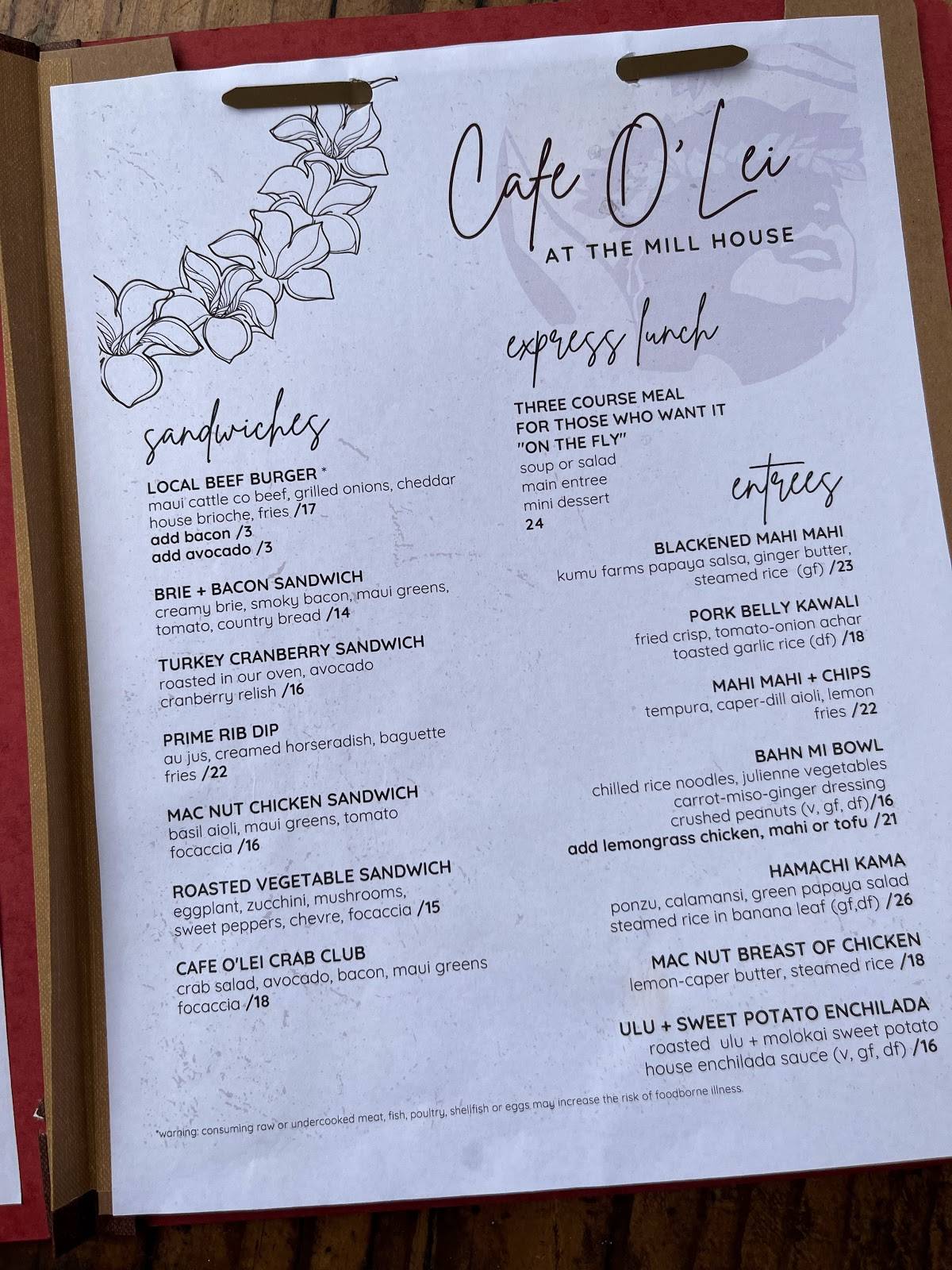 Menu at Cafe O'Lei at the Plantation, Wailuku, HI-30