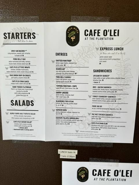 Menu at Cafe O'Lei at the Plantation, Wailuku, HI-30