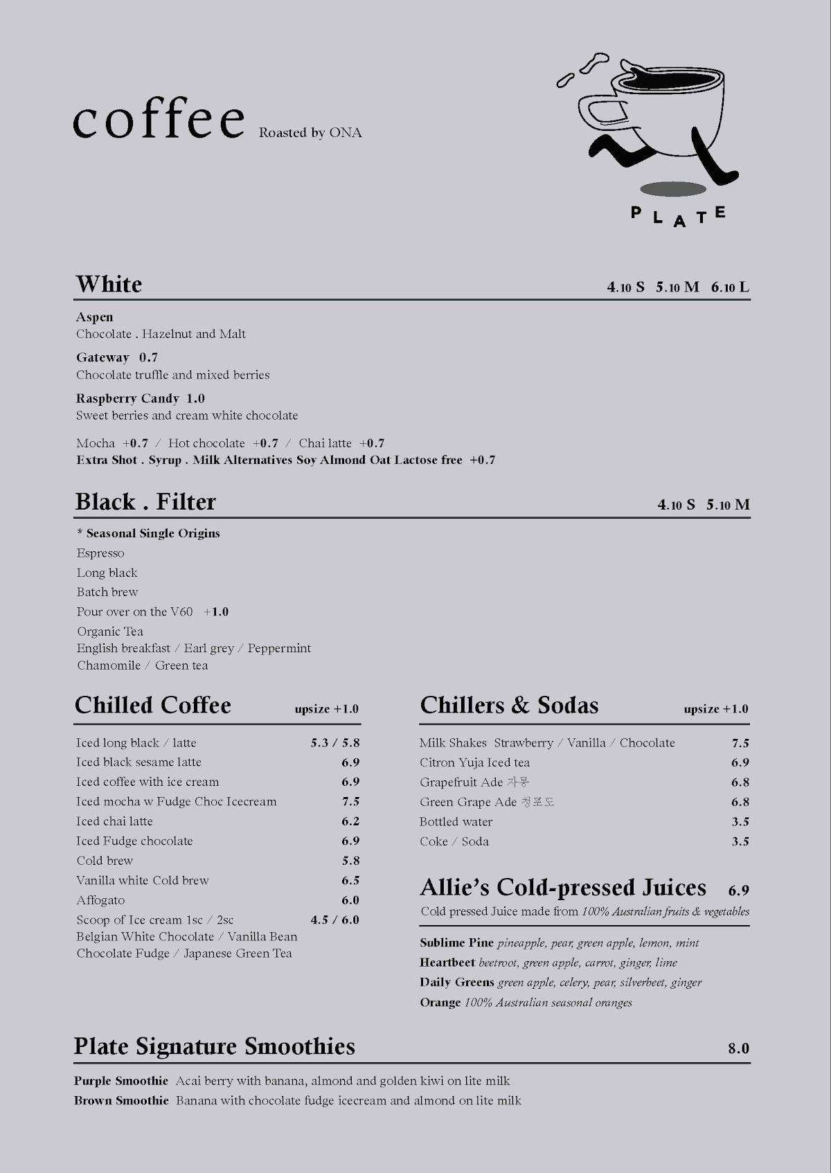 Menu at Plate Cafe, Sydney Olympic Park