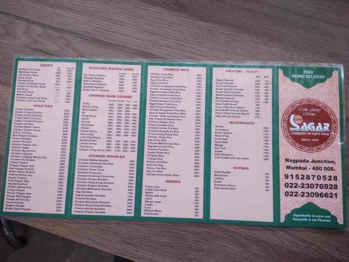 Menu at Cafe Sagar, Mumbai, Nagpada Junction