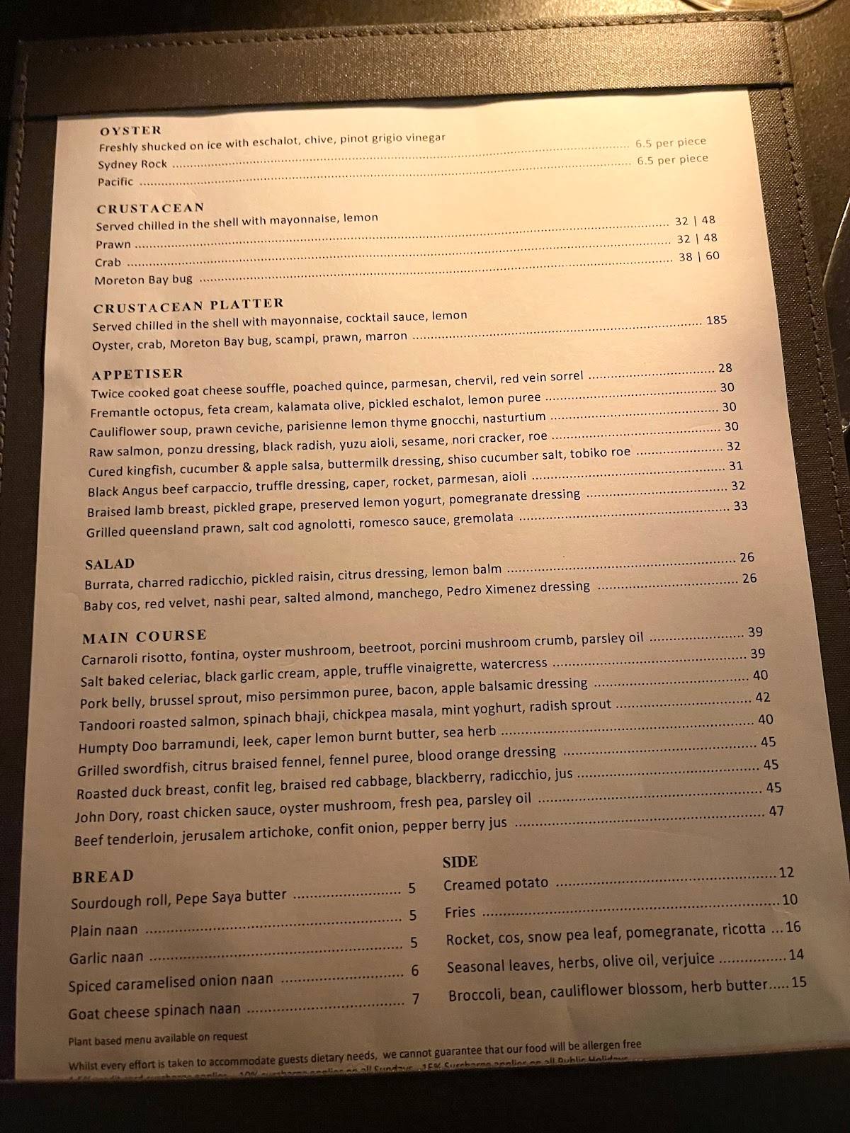 Menu at Cafe Sydney, Sydney, Level 5 Customs House