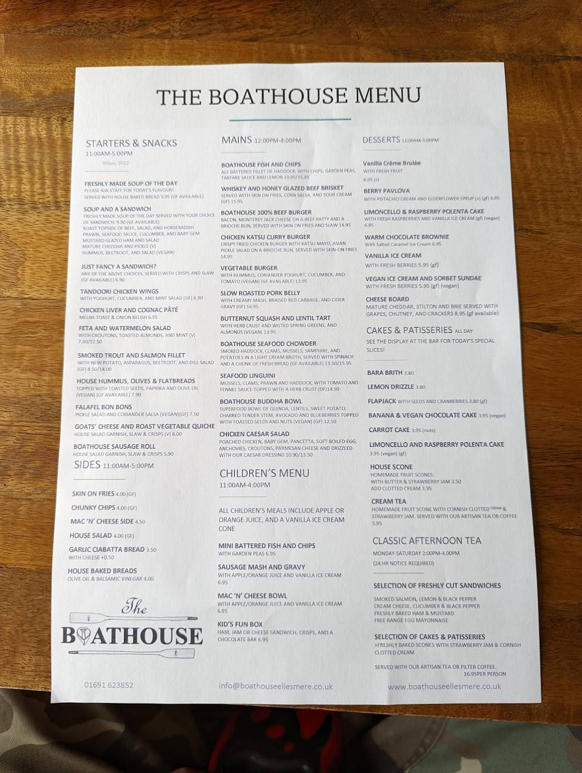 Menu at The Boat House cafe, Ellesmere