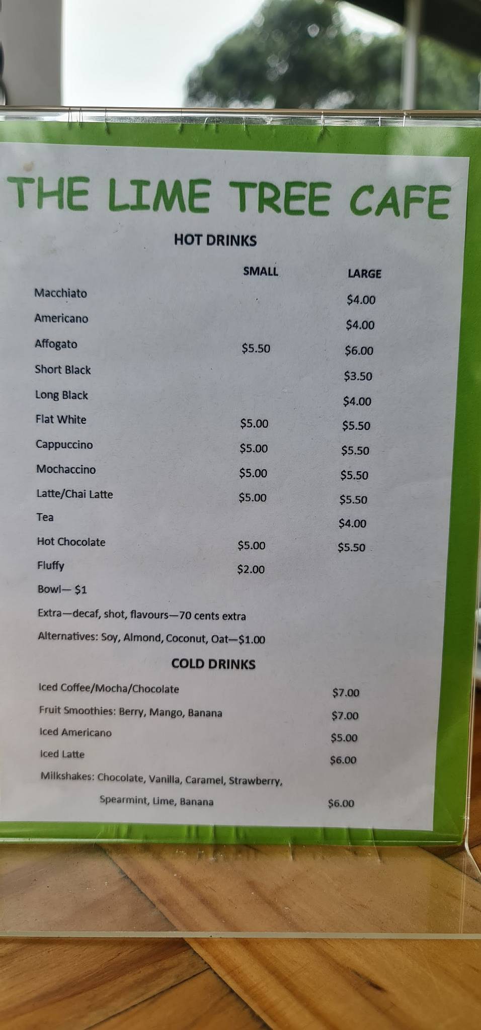 Menu at The Lime Tree Cafe, Auckland, 730 Whitford Rd