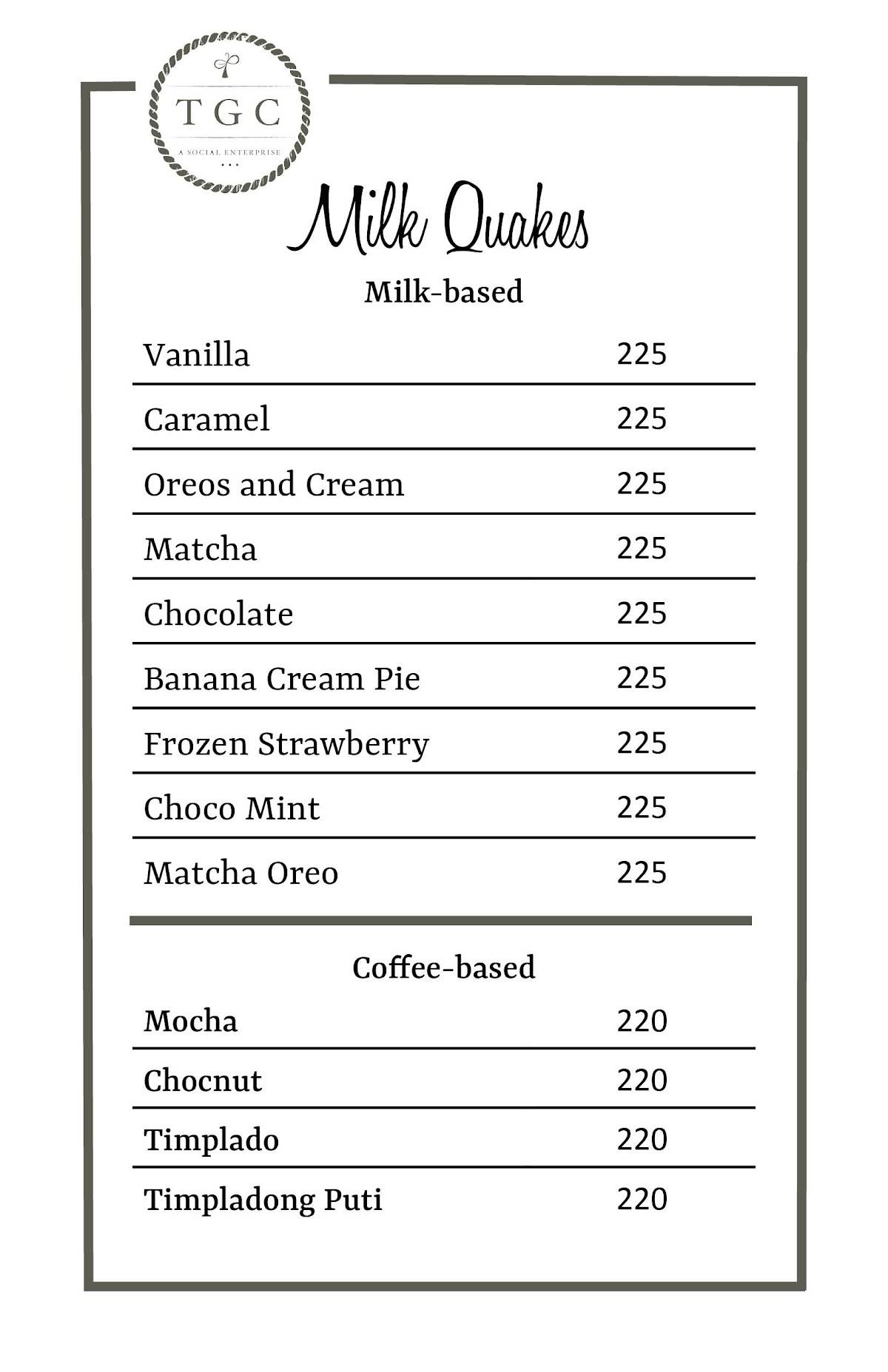 Menu at TheGiving Café (TGC) cafe, Mandaluyong