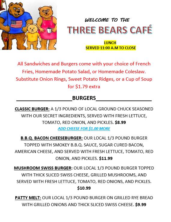 Menu at Three Bear's Cafe, Heber-Overgaard