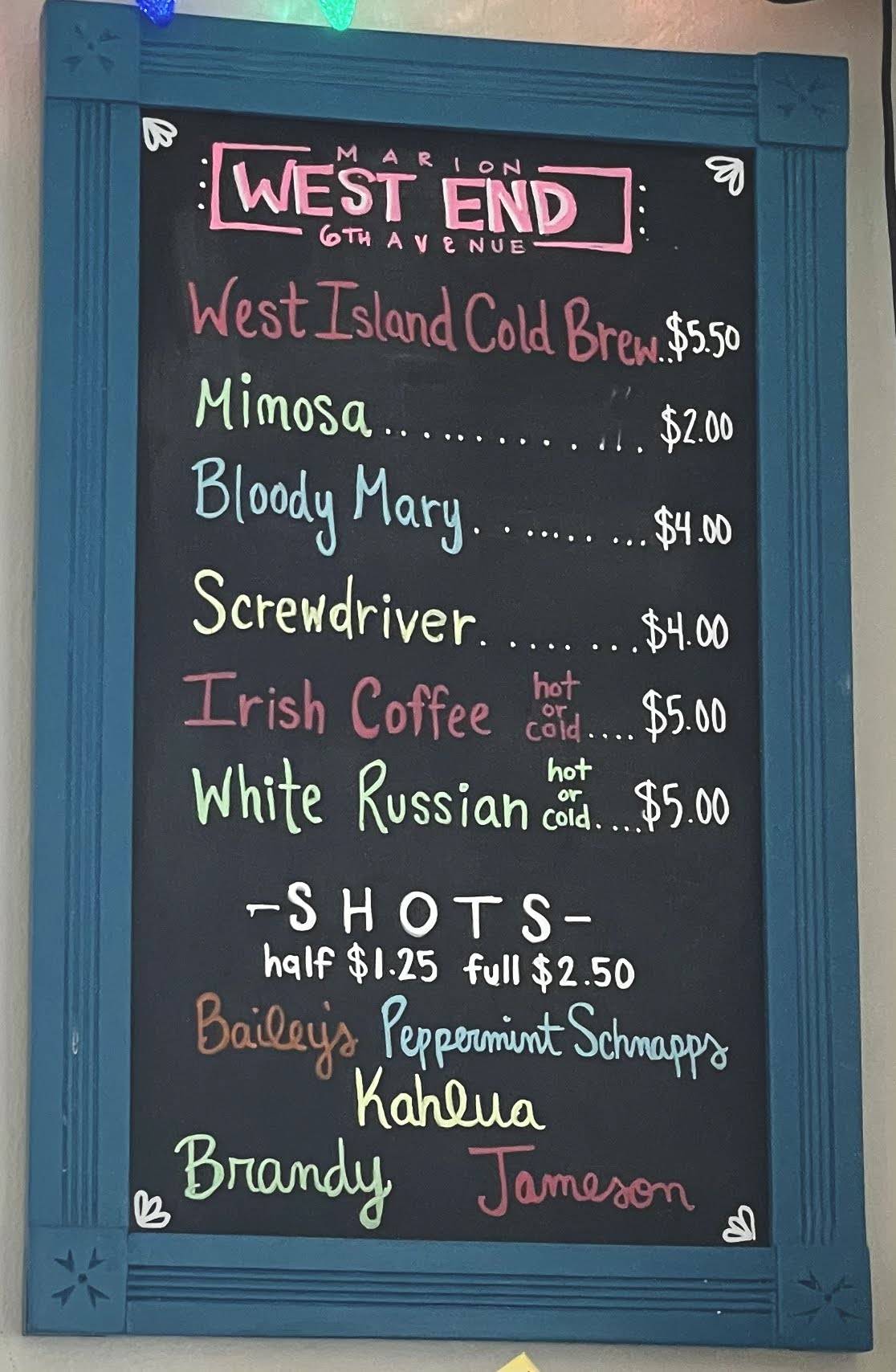 Menu at West End Diner cafe, Marion