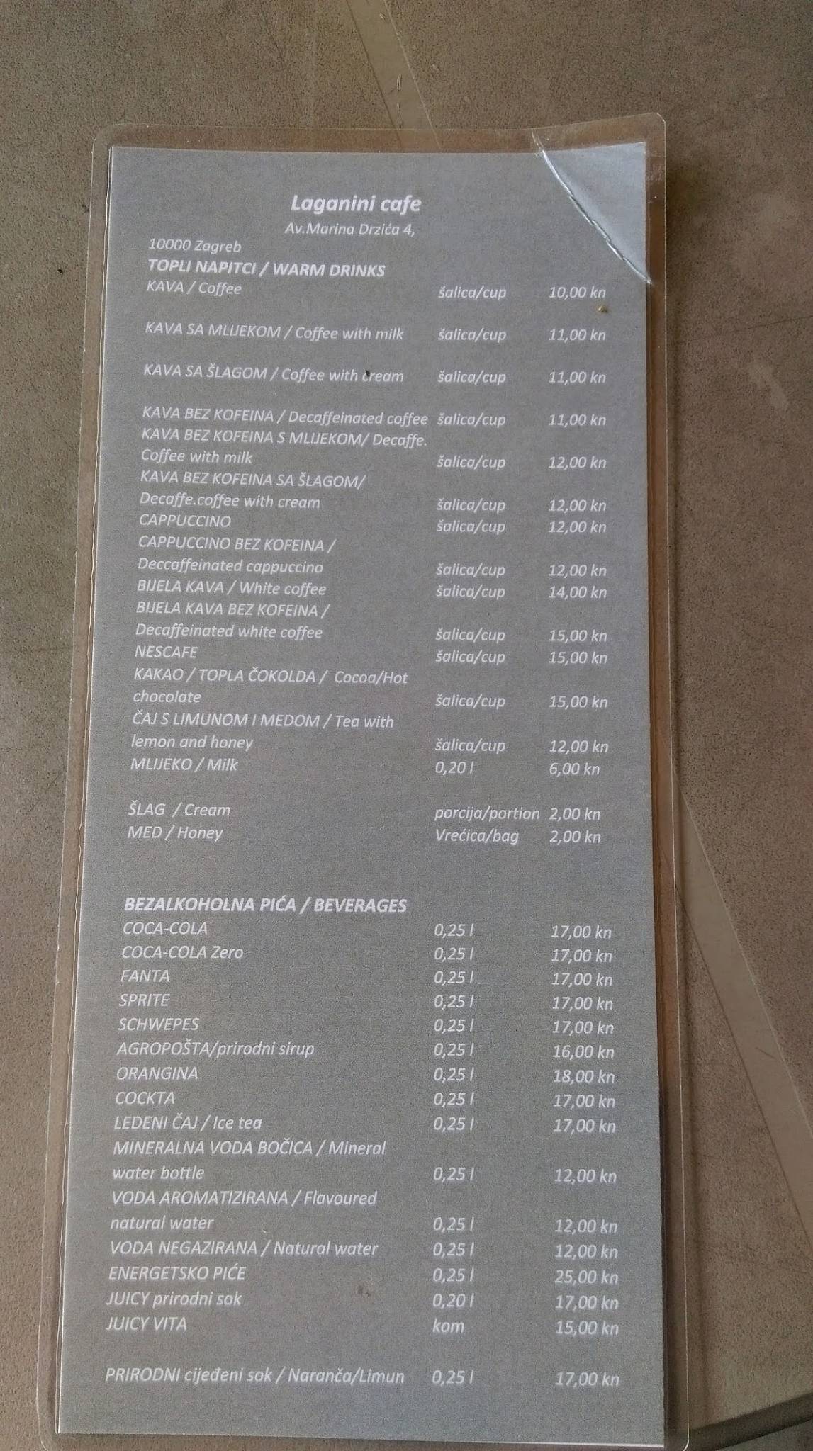Menu at Caffe bar Laganini, Zagreb, Avenija Marina Držića 4
