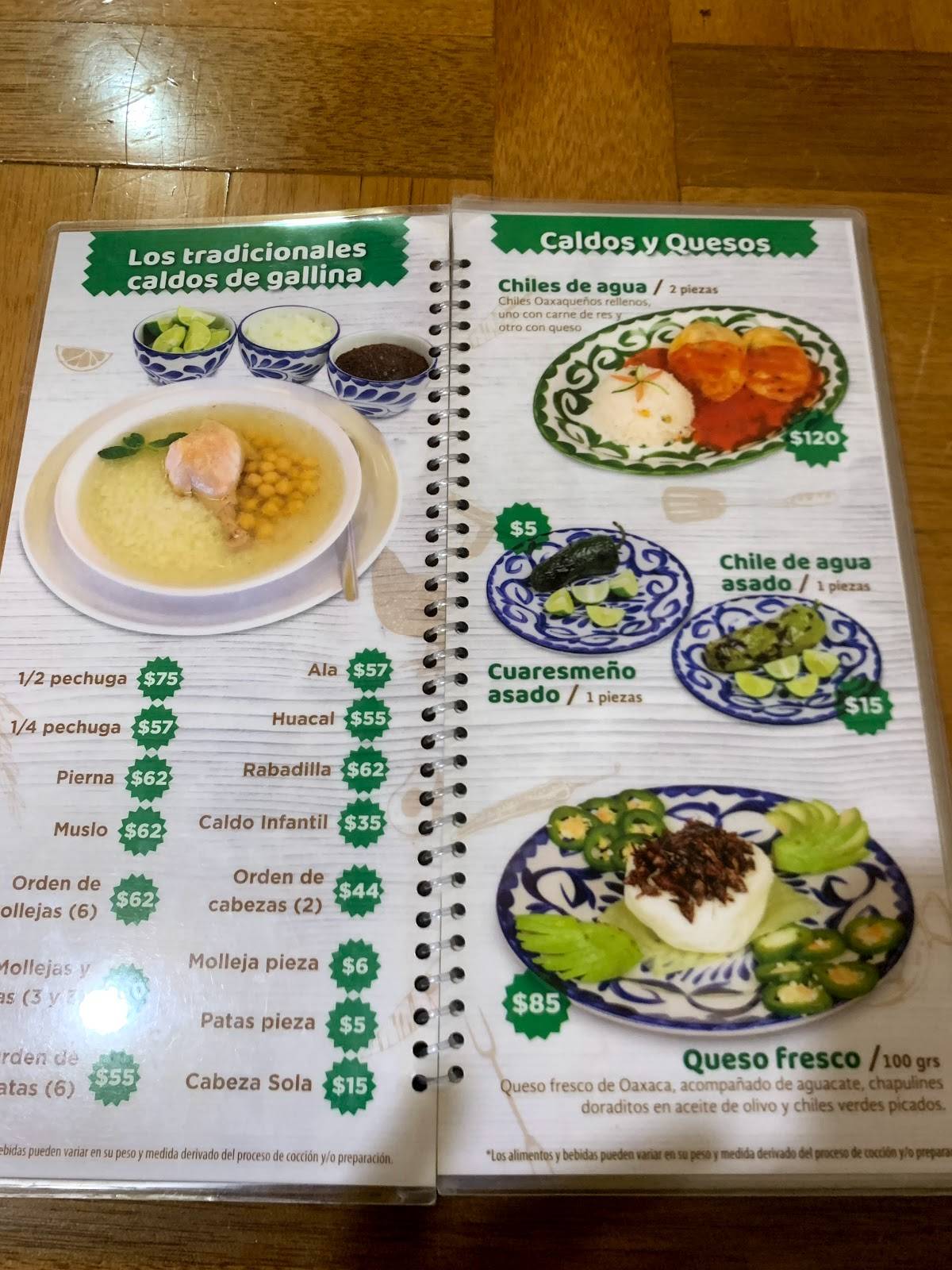 Carta del restaurante Caldos del Gallina y comida oaxaquena Don Cruz ...