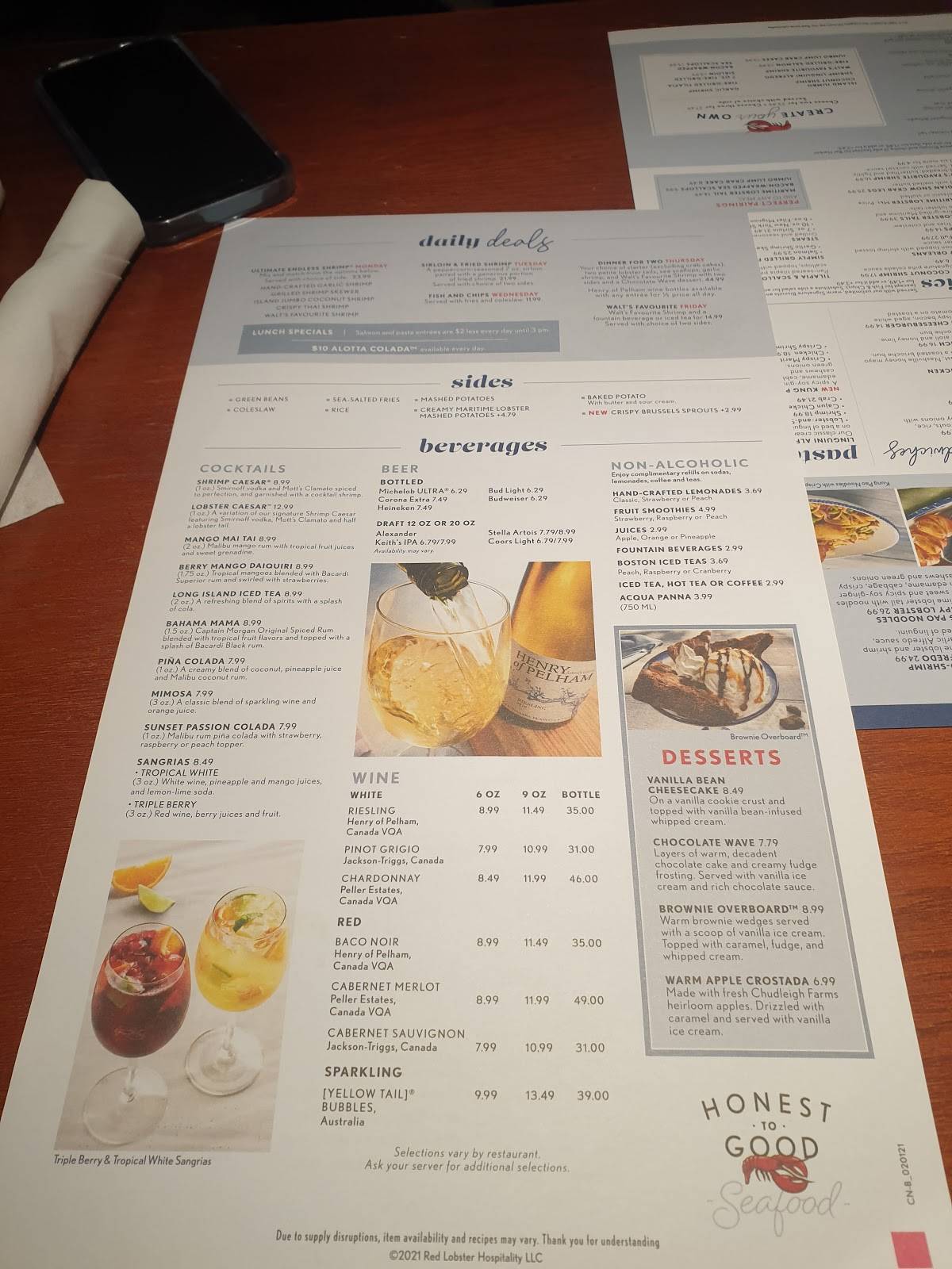 Menu at Red Lobster restaurant, Calgary, Macleod Trail SW