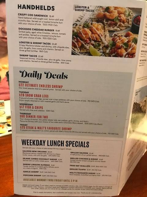 Menu at Red Lobster restaurant, Calgary, Macleod Trail SW