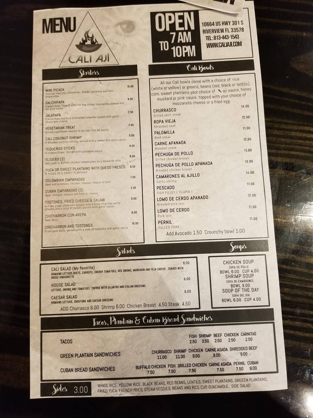 Carta de Cali Aji Latin Kitchen and Bakery - Riverview, Riverview