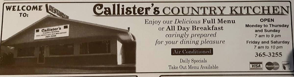 Menu at Callister's Country Kitchen restaurant, Coldbrook