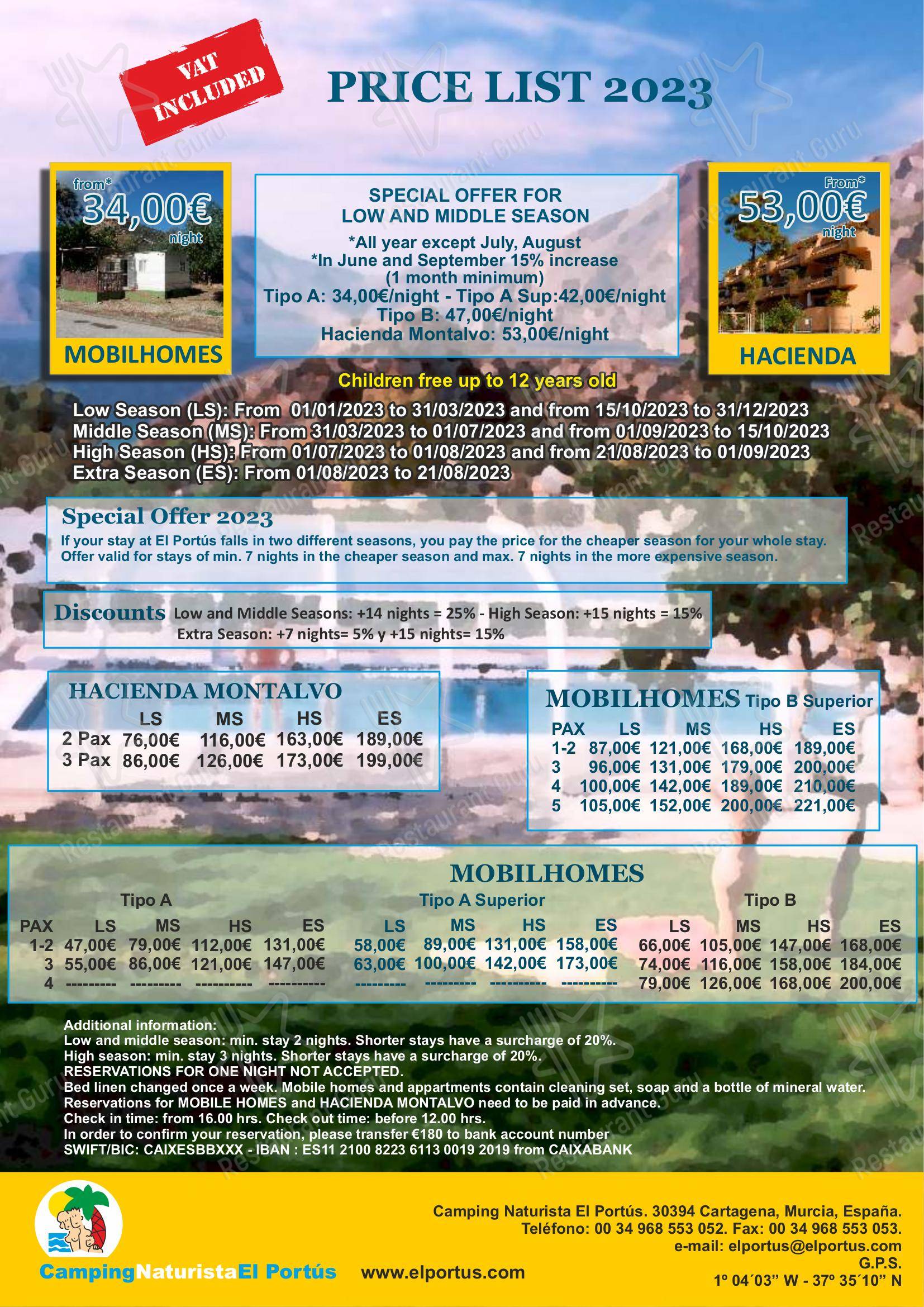 Carta de Camping Naturista El Portus Restaurant, Cartagena