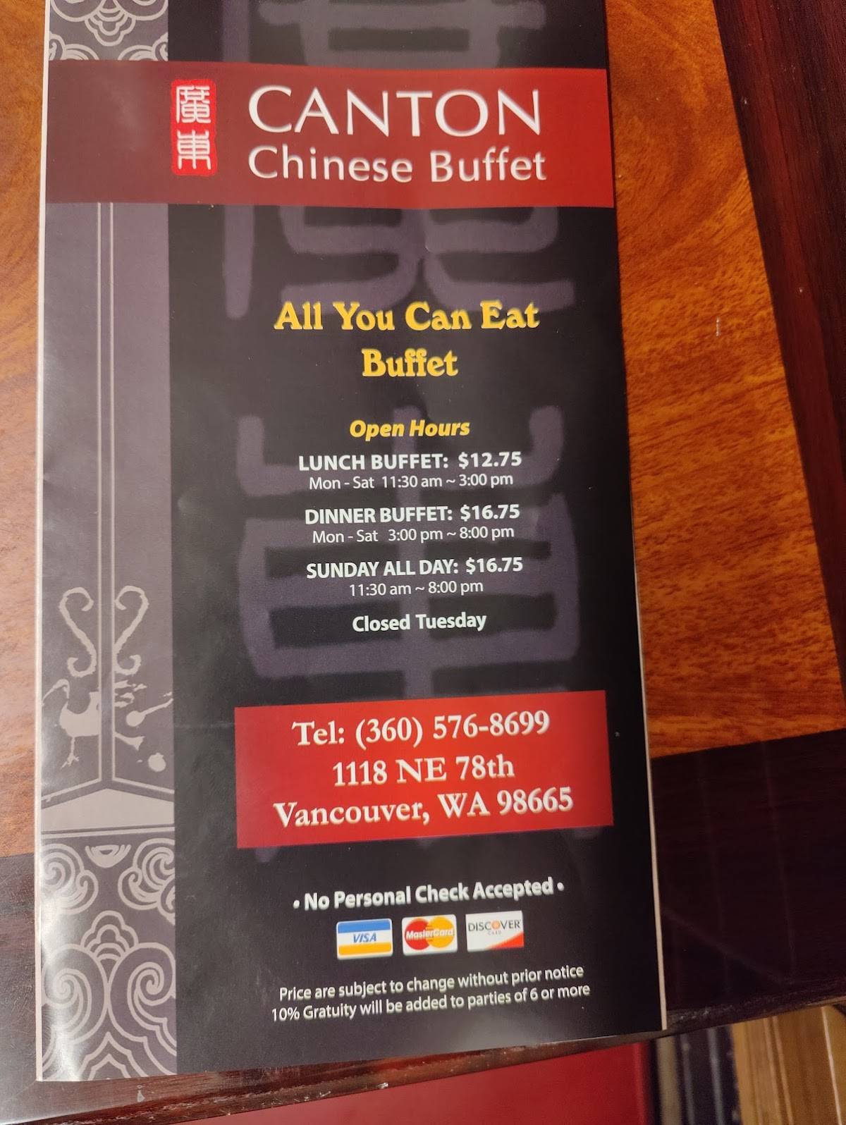 Menu at Canton Chinese Buffet restaurant, Vancouver