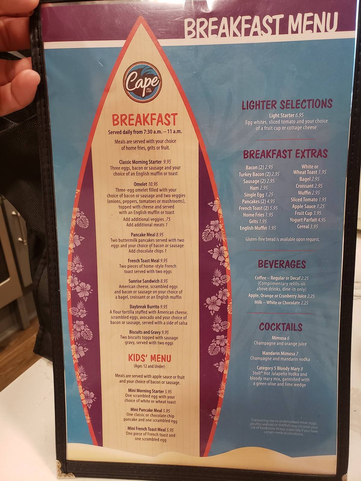 Menu at Cape Grill & Bar, Cape Canaveral