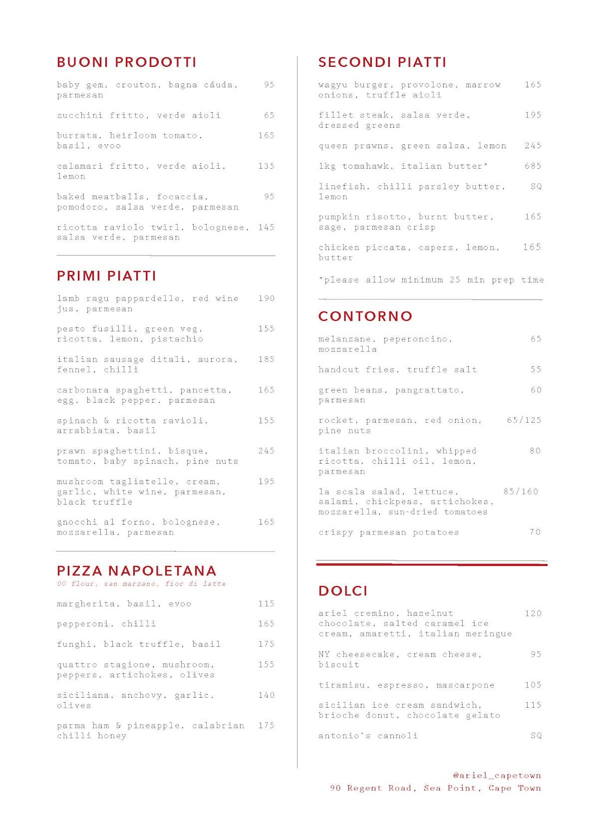 Menu at Ariel Modern Italian restaurant, Cape Town
