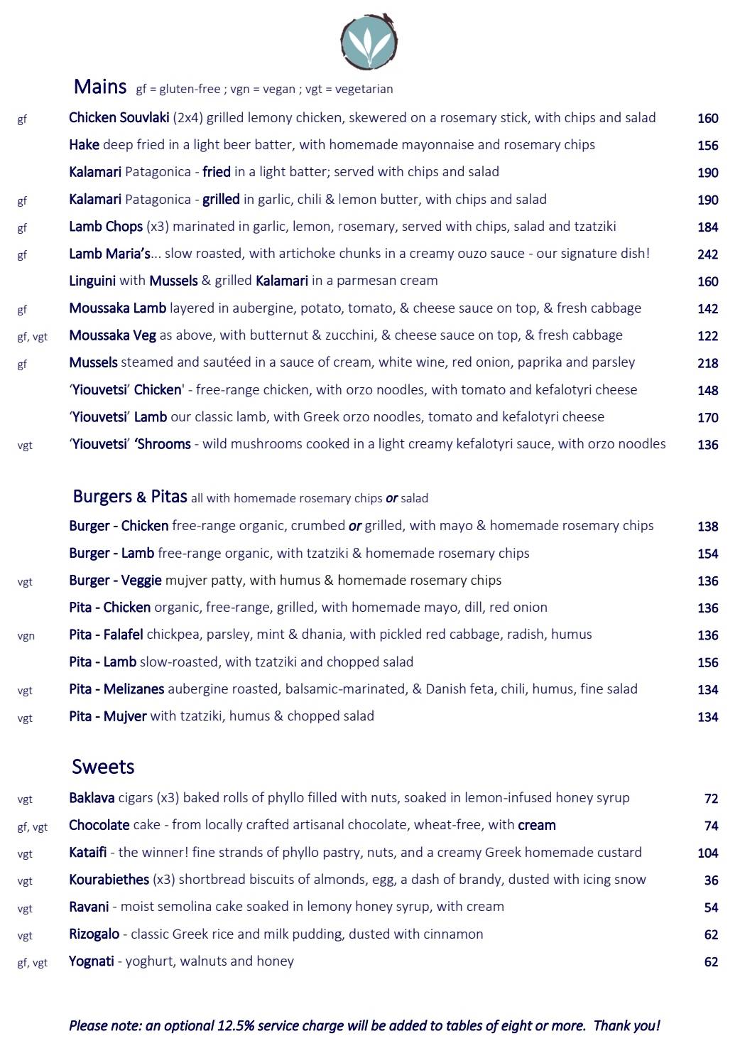 Menu at Maria's Greek Café restaurant, Cape Town