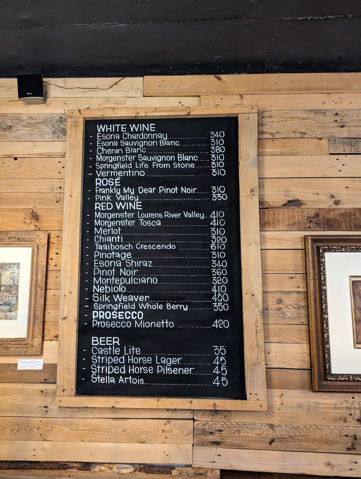Menu at Osteria Tarantino restaurant, Cape Town