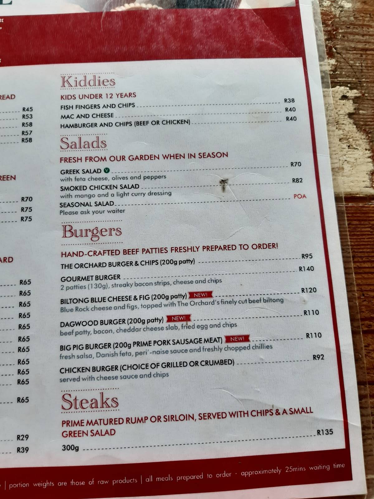 Menu at The Orchard Farm Stall restaurant, Grabouw