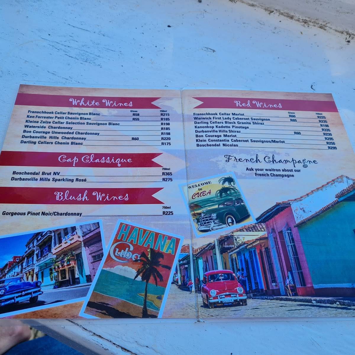 Menu at Cape to Cuba restaurant, Cape Town, 165 Main Rd