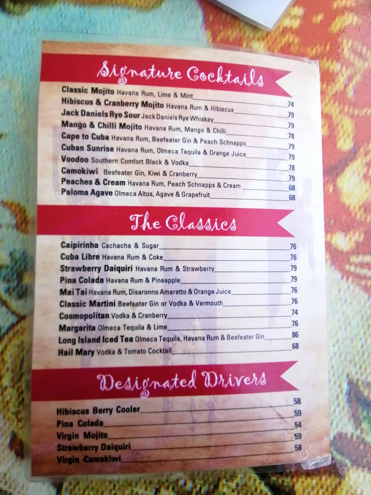 Menu at Cape to Cuba restaurant, Cape Town, 165 Main Rd