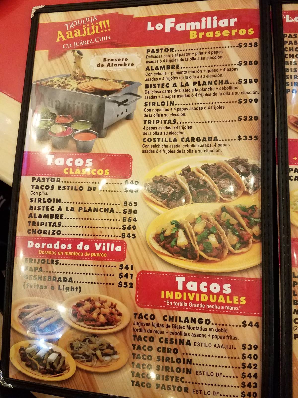 Menu at La Taqueria de Juárez. restaurant, Ciudad Juarez