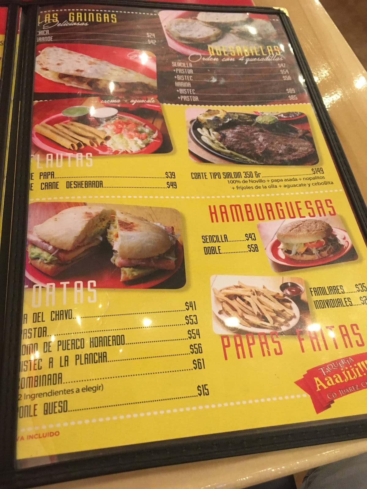 Menu at La Taqueria de Juárez. restaurant, Ciudad Juarez