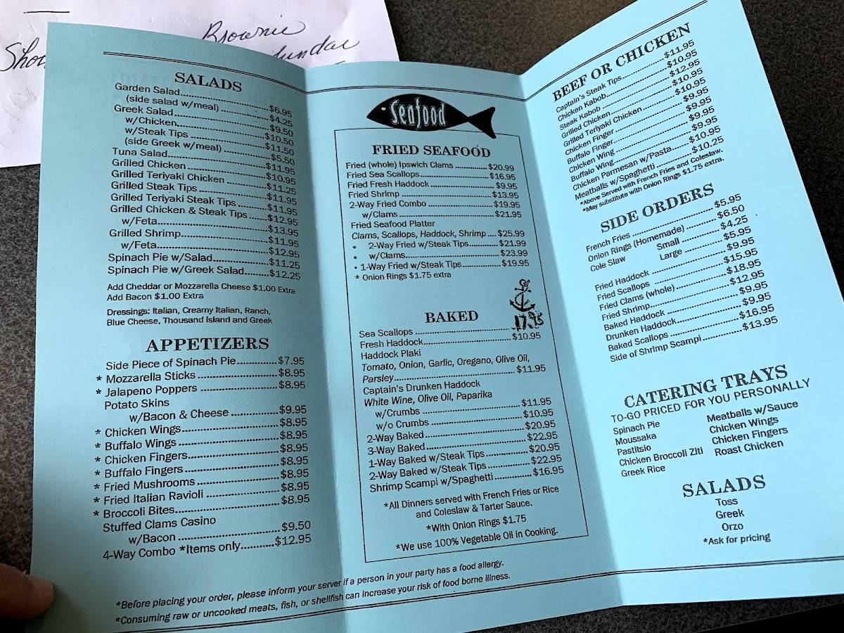 Menu at Captain John's restaurant, Lowell, 333 Westford St