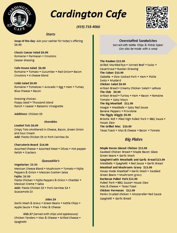 Menu at Cardington Cafe, Cardington