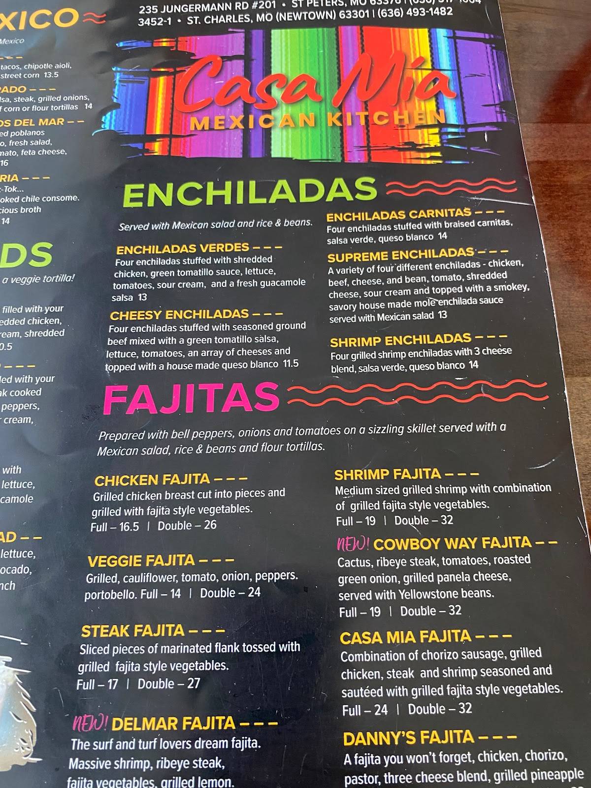 Menu at Casa Mia Mexican Kitchen restaurant, St. Peters, 235 Jungermann ...
