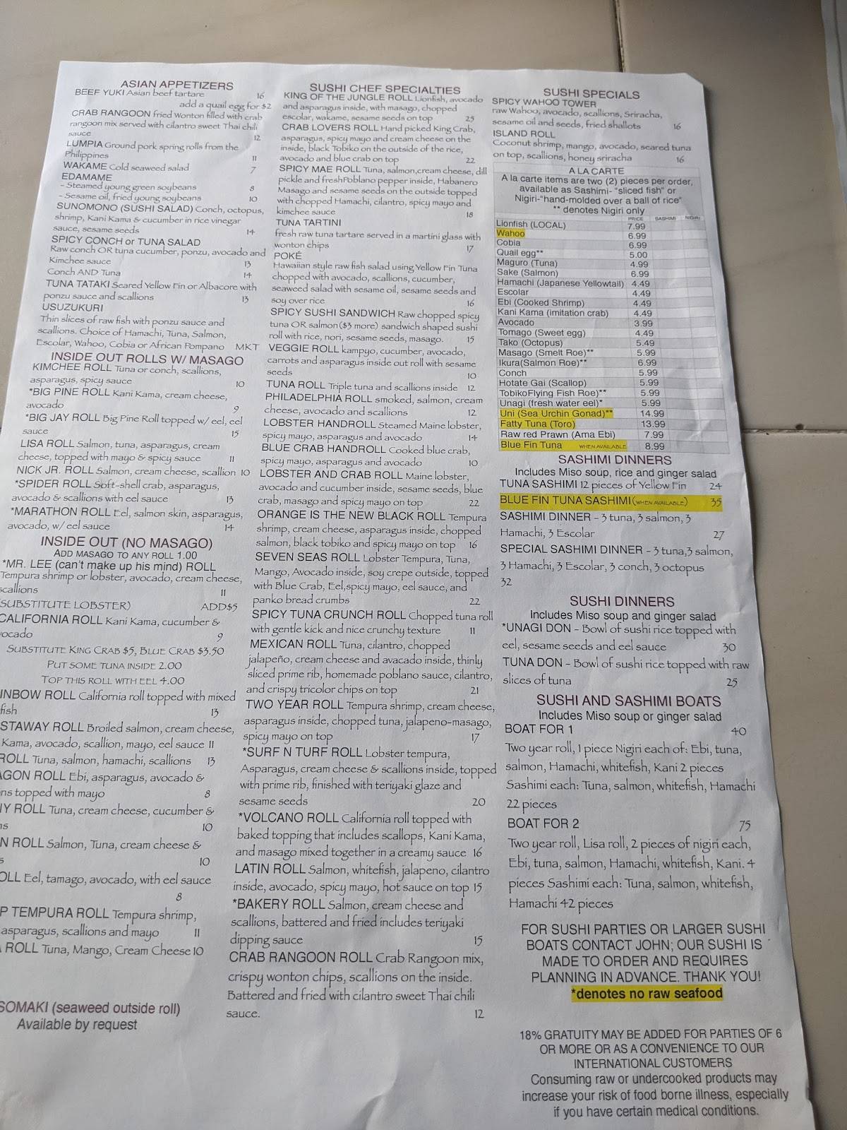 Menu at Castaway Waterfront Restaurant & Sushi Bar, Marathon, Ocean ...