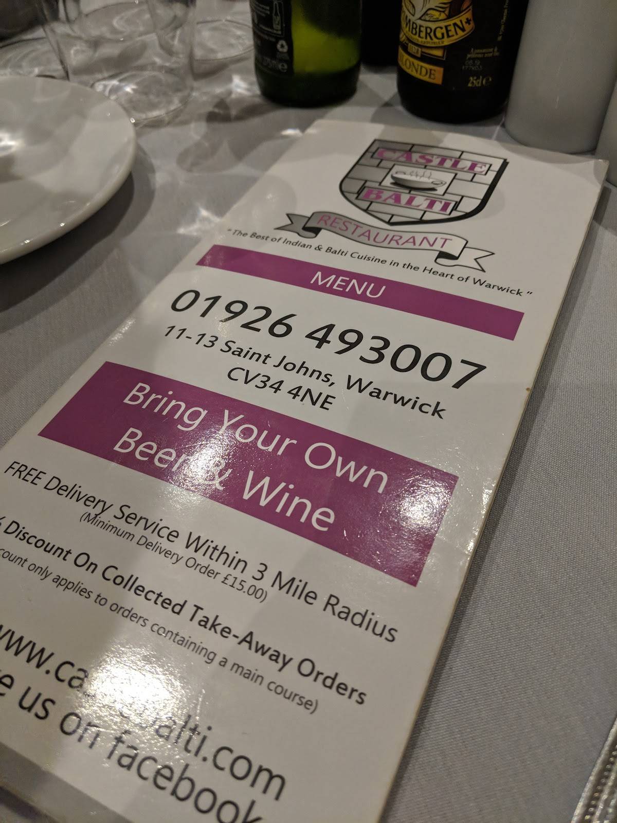Menu at Castle Balti restaurant, Warwick