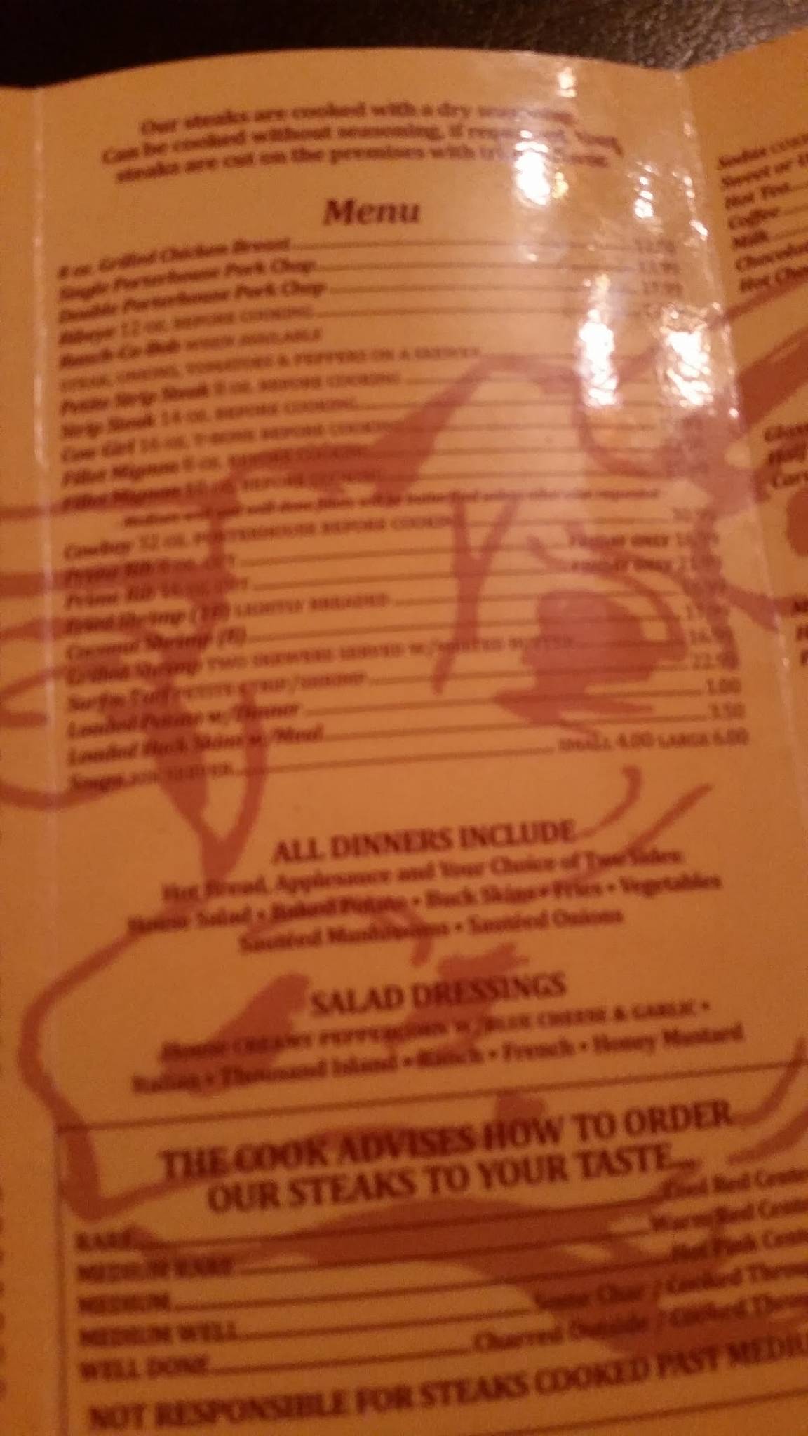 Menu at Cattle Ranch steakhouse, Sanford, Sanford Ave