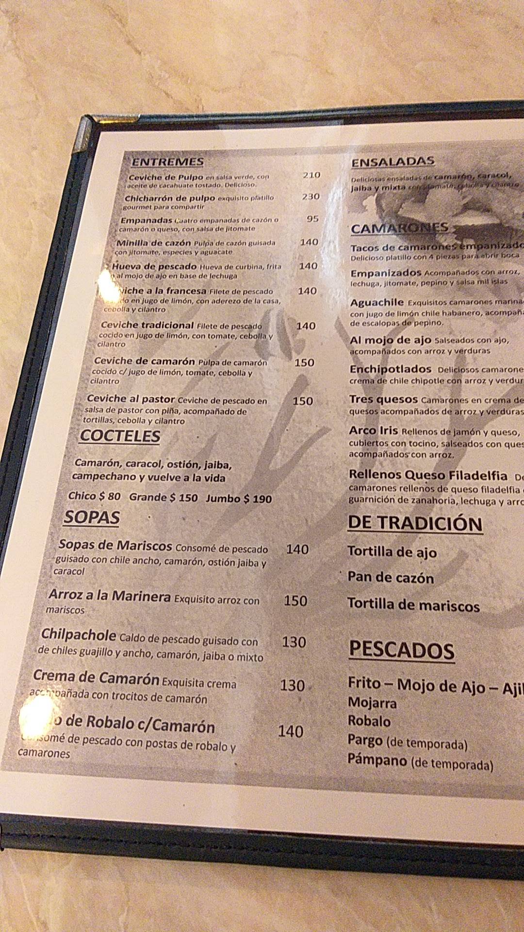 Carta de Cayo Arcas Restaurante, Ciudad del Carmen