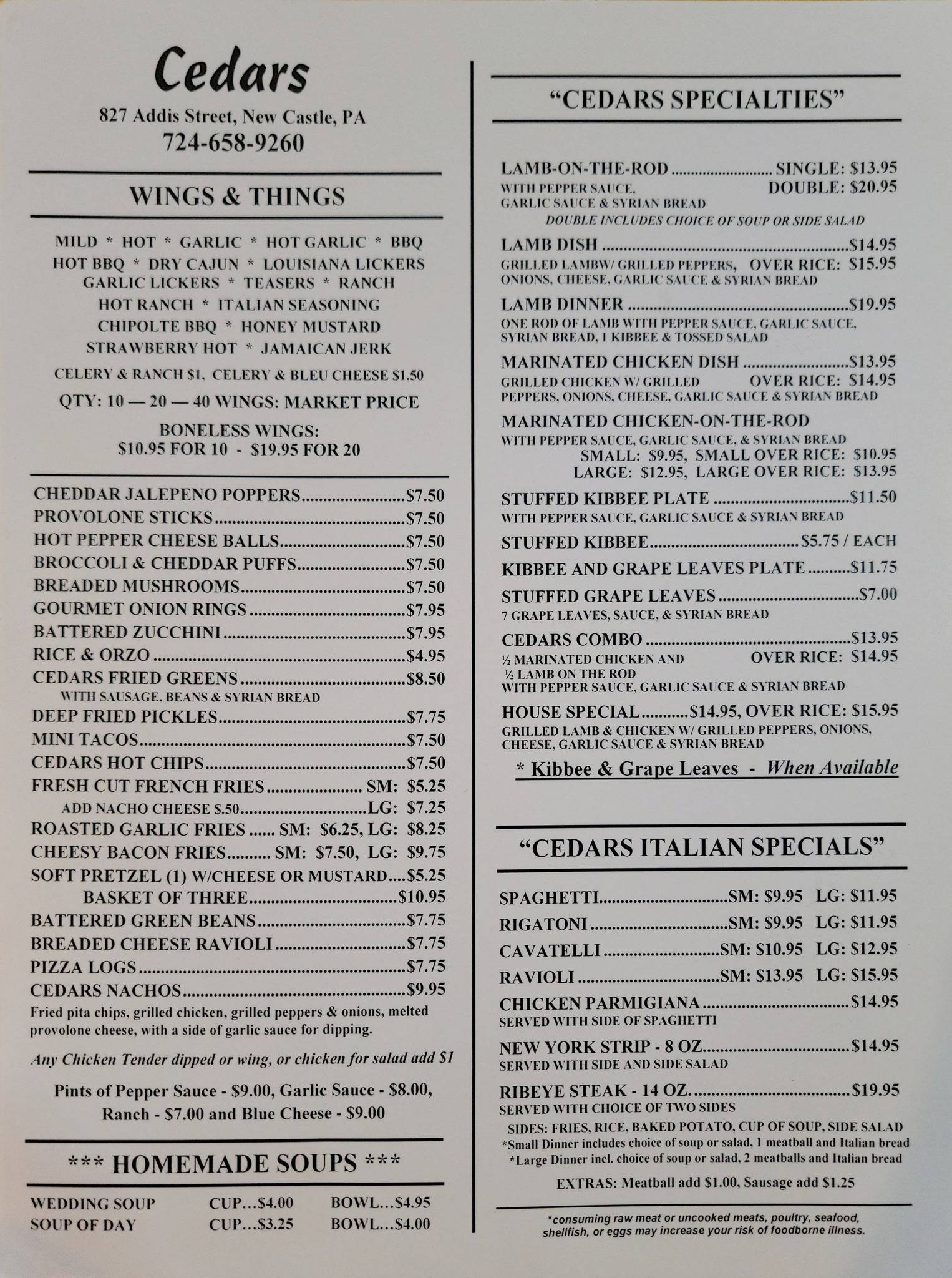 Menu at Cedars restaurant, New Castle