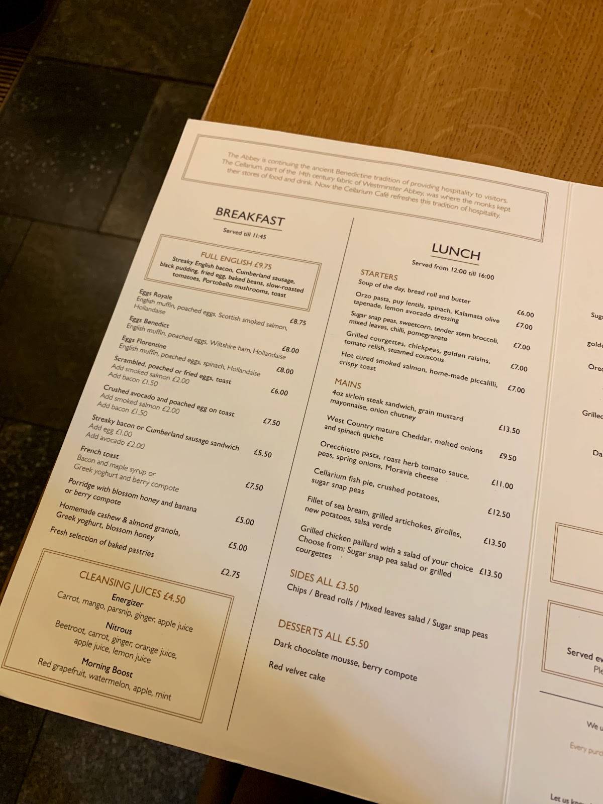 Carta de Cellarium Cafe & Terrace, Londres
