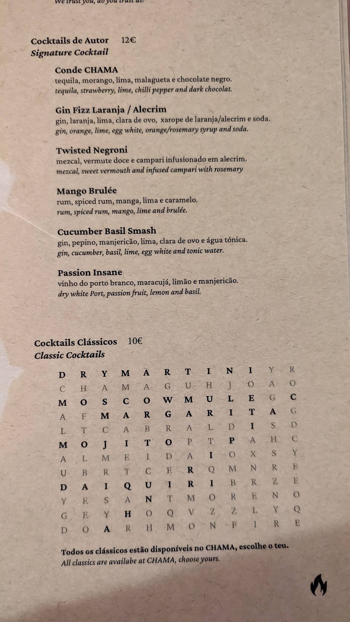Menu at Chama restaurant, Porto