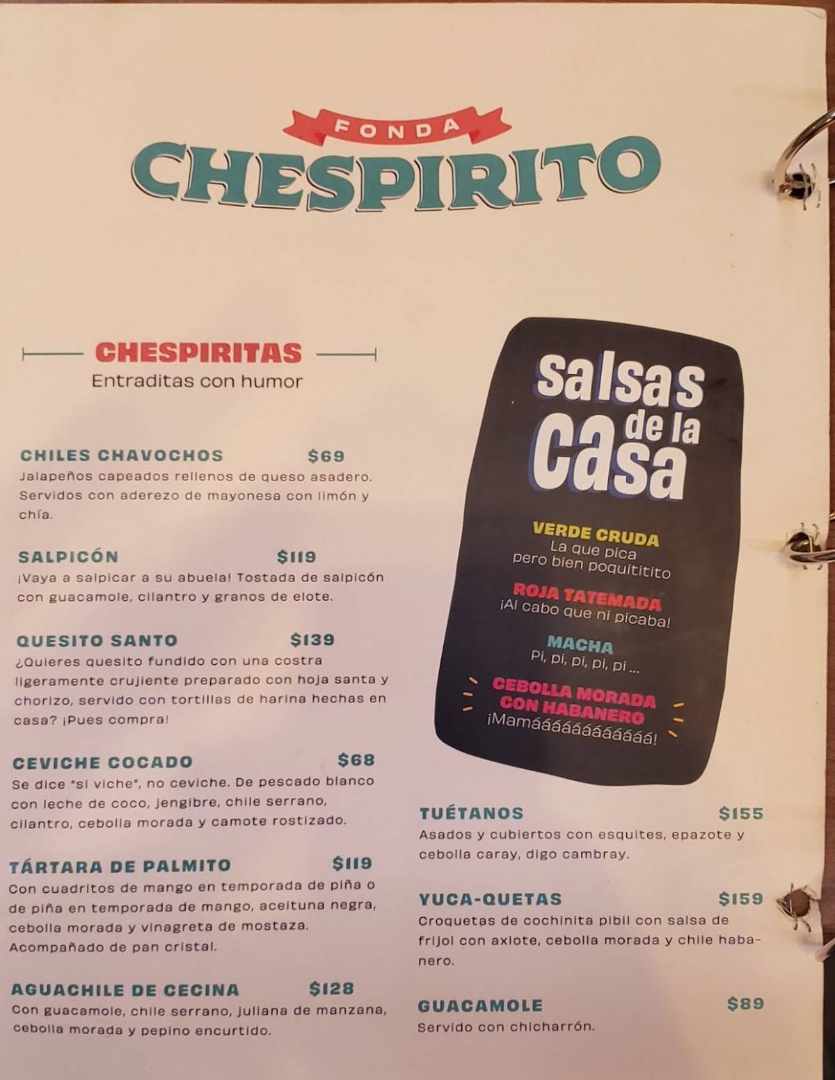 Carta del restaurante Chanfle y Recontrachanfle, Naucalpan del Juárez