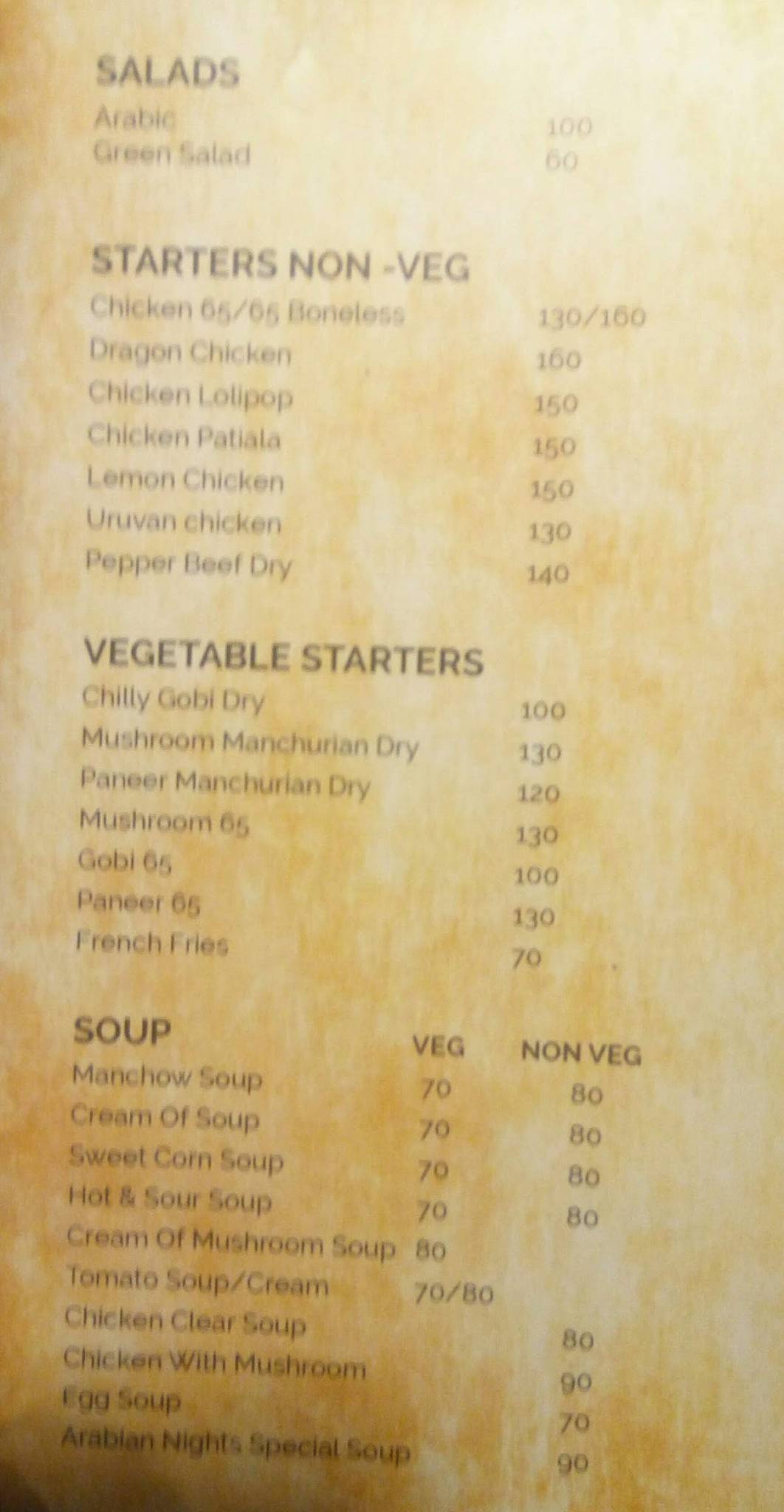 Menu at Arabian Nights Restaurant, Changanassery, Near KTDC Tamarind