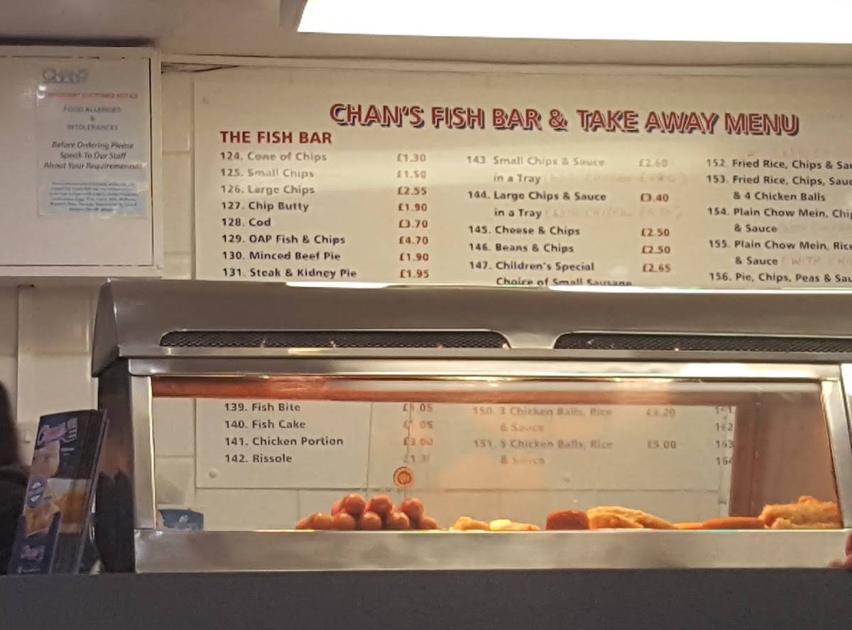 Menu at Chans Fish Bar, Pontypridd