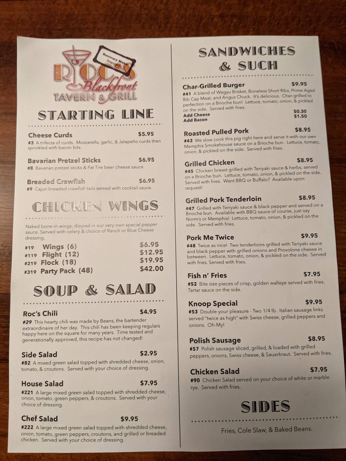Menu at Roc's Blackfront Tavern & Grill pub & bar, Charleston